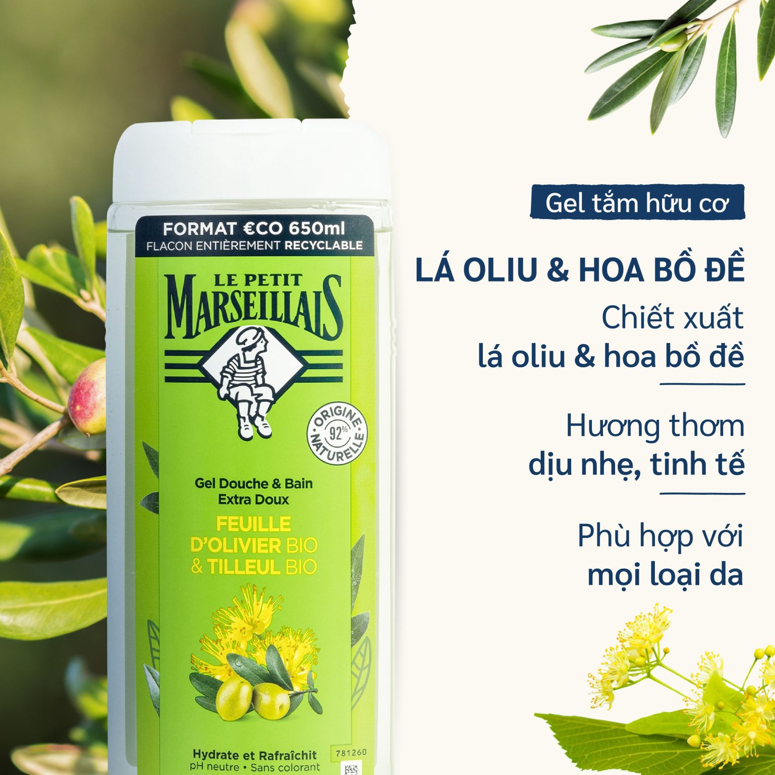 Gel tắm pháp Le Petit Marseillais Oliu & Hoa Bồ Đề 250ml